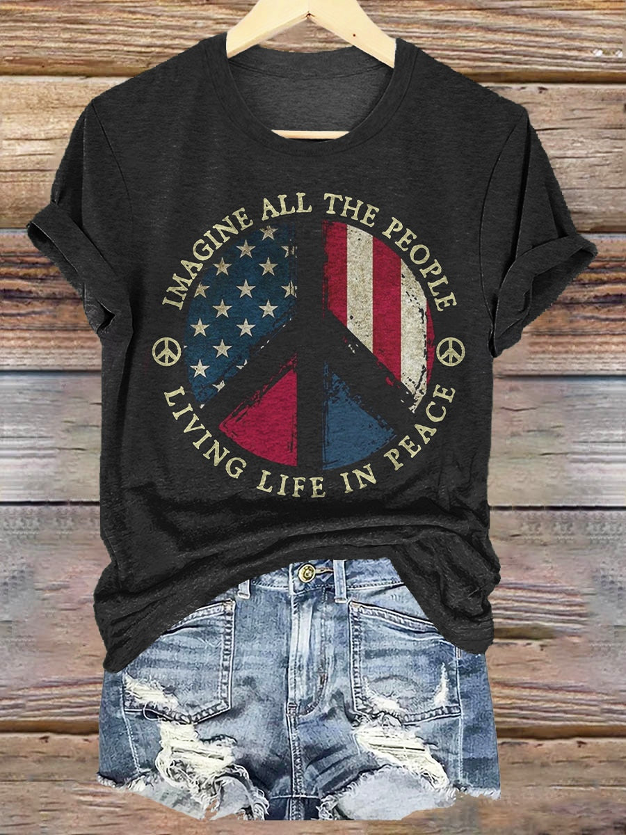 Women's Hippie Peace Patriotic Flag Print Crew Neck T-shirt – TAIDALW